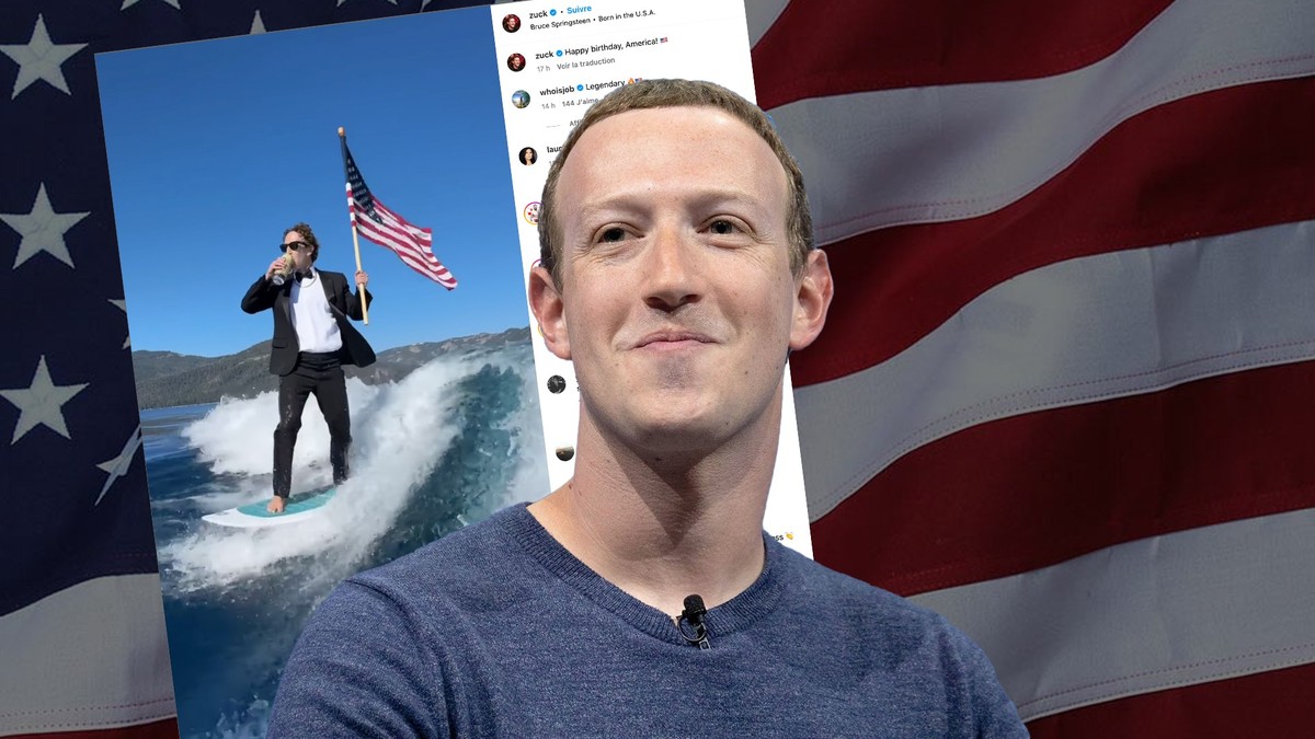 Mark Zuckerberg surfe avec un drapeau américain