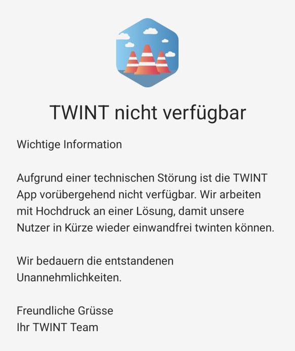 Twint App wegen technischer Störung nicht erreichbar